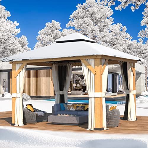 EROMMY 11'x11' Solid Wood Gazebo, Outdoor Hardtop Gazebo Pavilion with Netting and Curtains, Spruce Wooden Frame Double Roof Metal Canopy for Patio Backyard Deck Garden