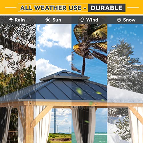 EROMMY 11'x11' Solid Wood Gazebo, Outdoor Hardtop Gazebo Pavilion with Netting and Curtains, Spruce Wooden Frame Double Roof Metal Canopy for Patio Backyard Deck Garden