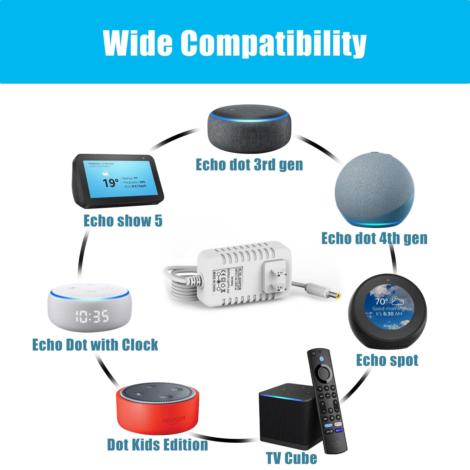 BOEEA 15W Power Cord Replacement for Alexa Dot 3rd Gen/4th Gen/5th Gen/Kids Edition/TV Cube/Show 5/ Echo Pop/C78mp8/GP92NB Charger, Adapter Charger Power Cord, 6.5Ft