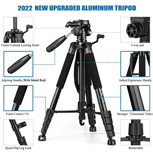 VICTIV 74” Camera Tripod, Tripod for Camera and Phone, Aluminum Tripod for Canon Nikon with Carry Bag and Phone Holder, Compatible with DSLR,iPhone, Projector, Webcam, Spotting Scopes