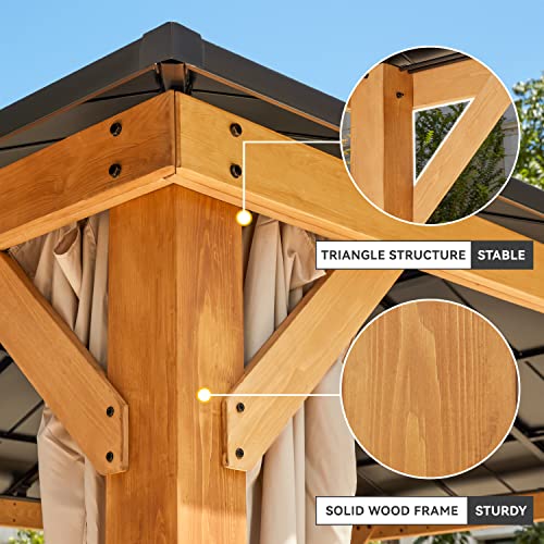 EROMMY 11'x11' Solid Wood Gazebo, Outdoor Hardtop Gazebo Pavilion with Netting and Curtains, Spruce Wooden Frame Double Roof Metal Canopy for Patio Backyard Deck Garden
