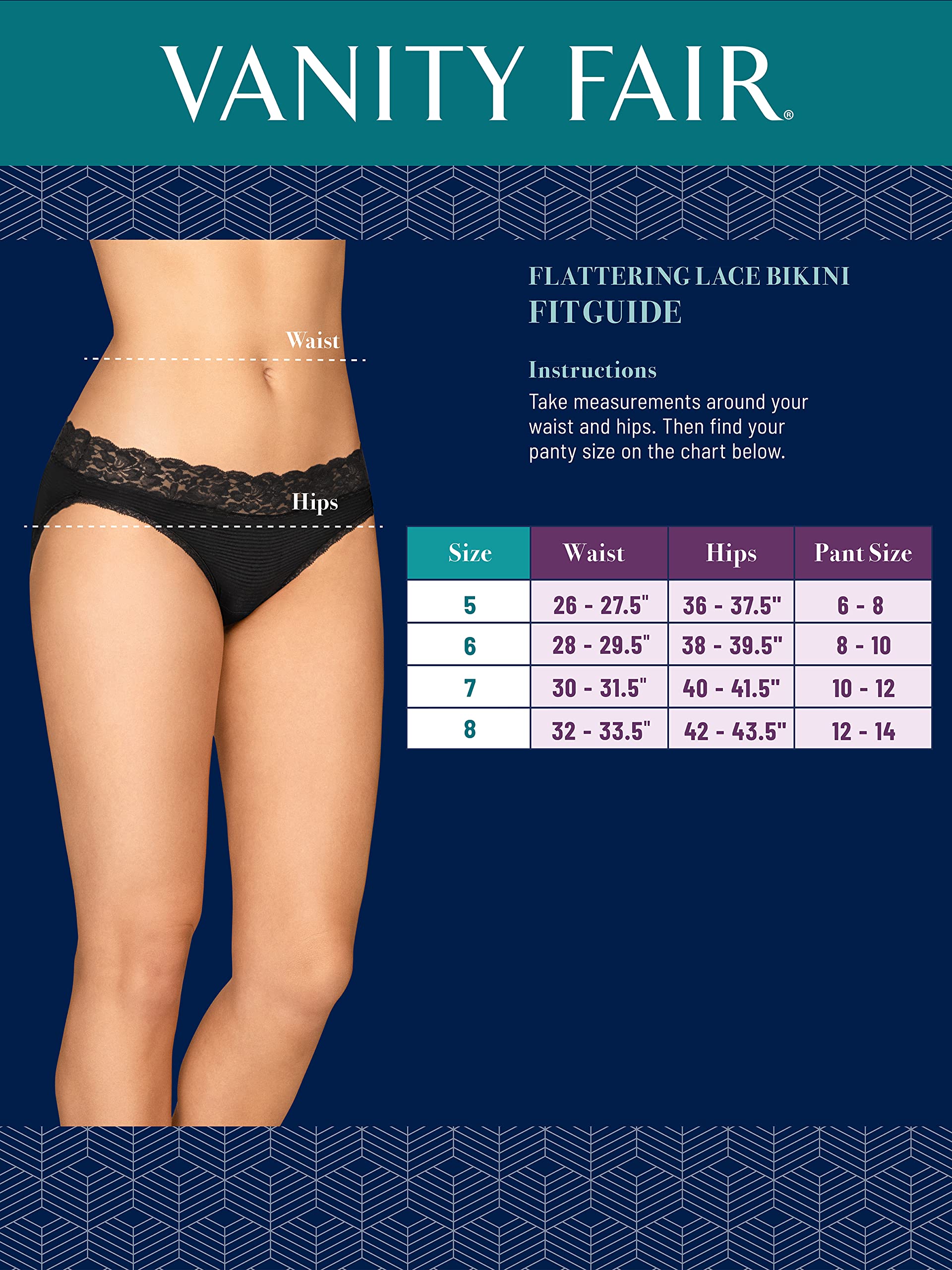 Vanity Fair womens Flattering Lace Panties Underwear, Bikini - 3 Pack Black/Black/Black Stripe, Large US