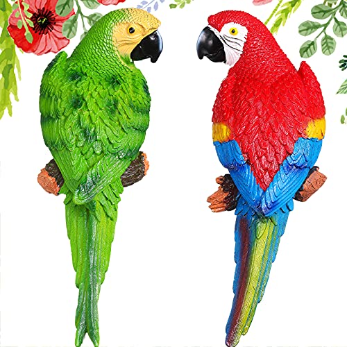 2 Pieces Parrot Decor Outdoor Tiki Bar Decorations Large Realistic Parrot Statues for Outside Red Green Lifelike Bird Sculptures Garden Patio Yard Lawn Figurines for Tropical Animal Tree Wall Decor