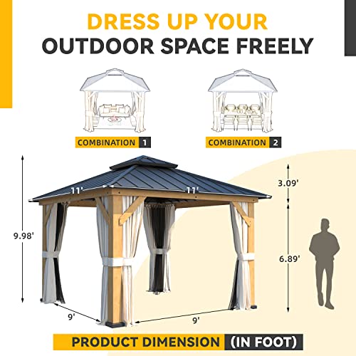 EROMMY 11'x11' Solid Wood Gazebo, Outdoor Hardtop Gazebo Pavilion with Netting and Curtains, Spruce Wooden Frame Double Roof Metal Canopy for Patio Backyard Deck Garden