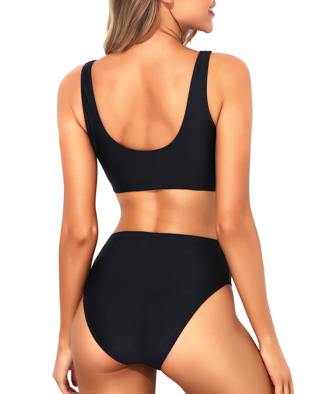 Tempt Me Women Black Two Piece Scoop Neck Bikini Crop Top Swimsuit Sporty High Waisted Bathing Suit Suit XL