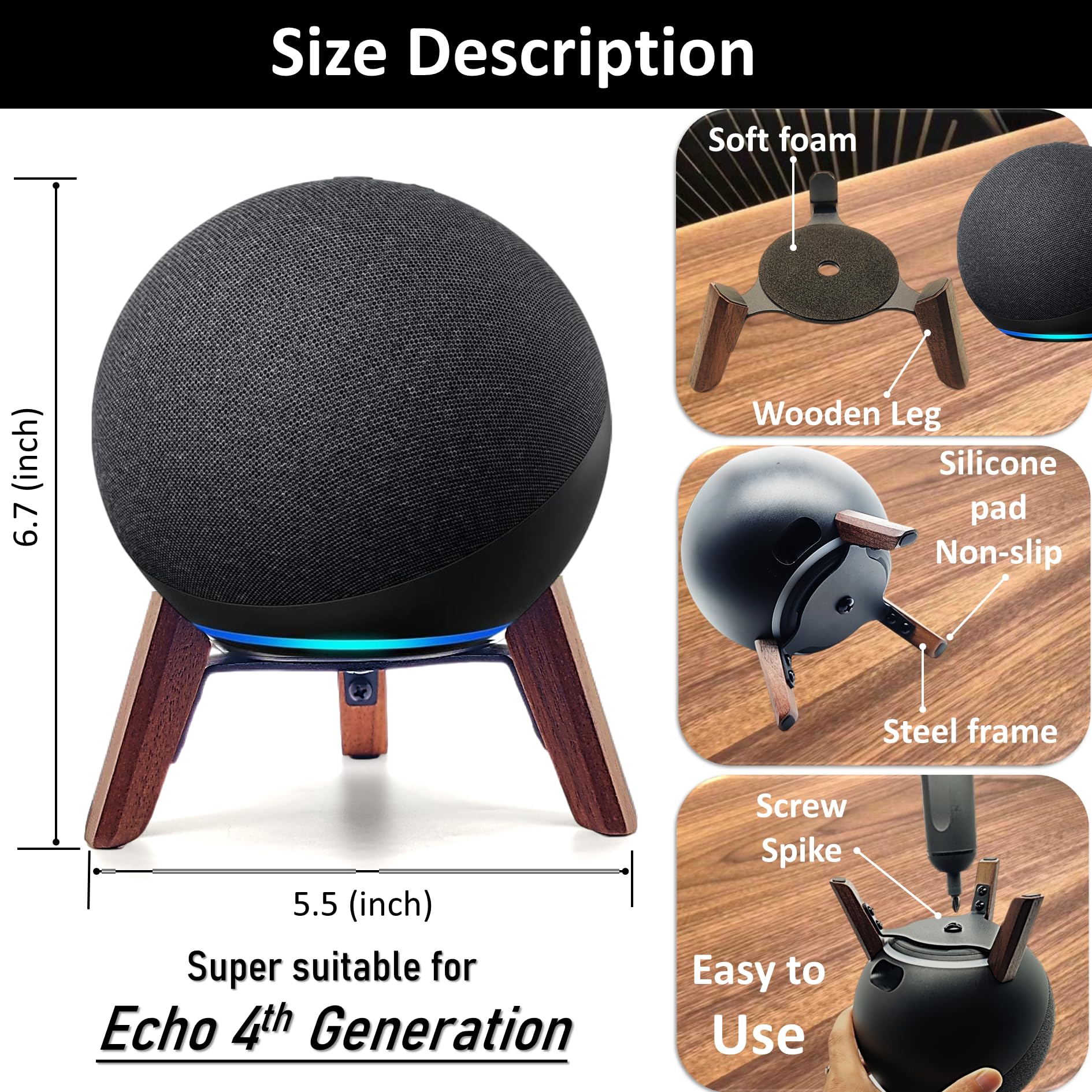 Real Wood Stand for Echo (4th Gen) Speaker (2020),Tripod Holder Accessories Protect Alexa Speaker for Sound Better,Secure Stable Wooden Mount with Metal Frame for Echo Newest Model 2024 (Walnut)