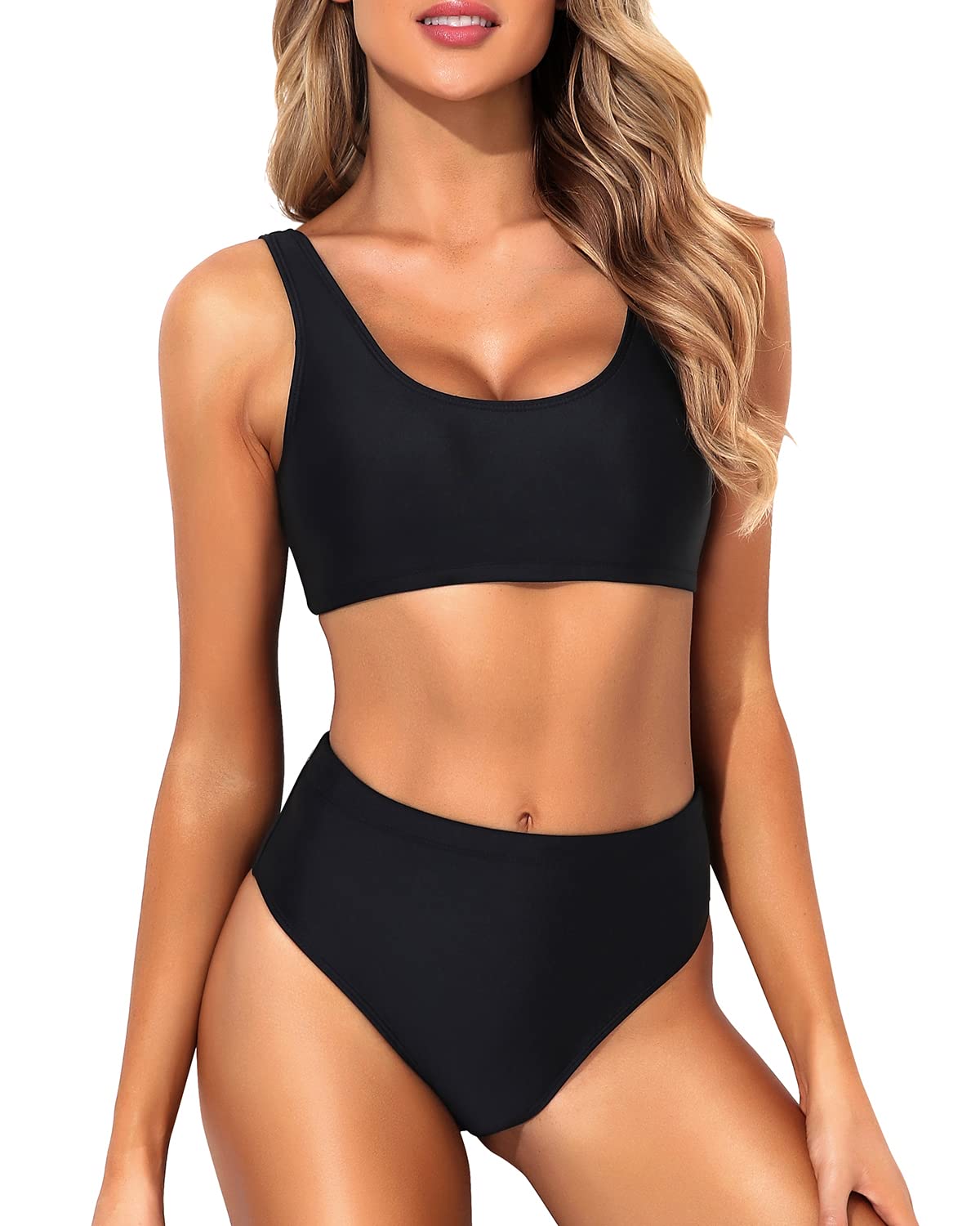 Tempt Me Women Black Two Piece Scoop Neck Bikini Crop Top Swimsuit Sporty High Waisted Bathing Suit Suit XL