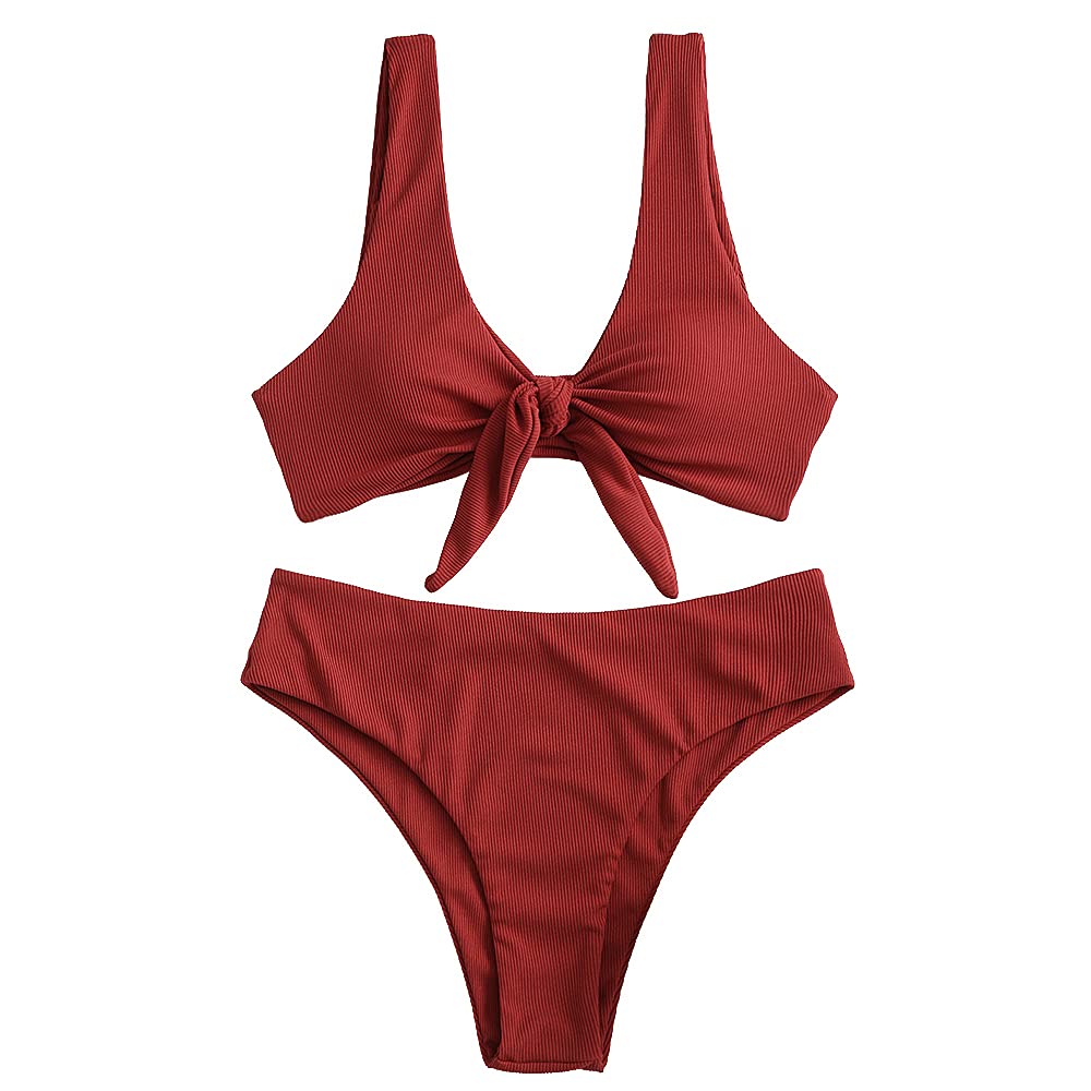 ZAFUL Women Tie Front Bikini Set Ribbed High Cut Two Piece Swimsuit Bathing Suit (0-Red, L)