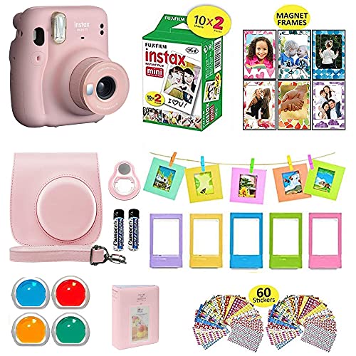 Fujifilm Instax Mini 11 Instant Camera Blush Pink + Shutter Compatible Carrying Case + Fuji Film Value Pack (20 Sheets) + Shutter Accessories Bundle, Color Filters, Photo Album, Assorted Frames