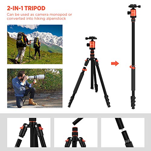 GEEKOTO 77’’ Tripod, Camera Tripod for DSLR, Compact Aluminum Tripod with 360 Degree Ball Head and 8kgs Load for Travel and Work