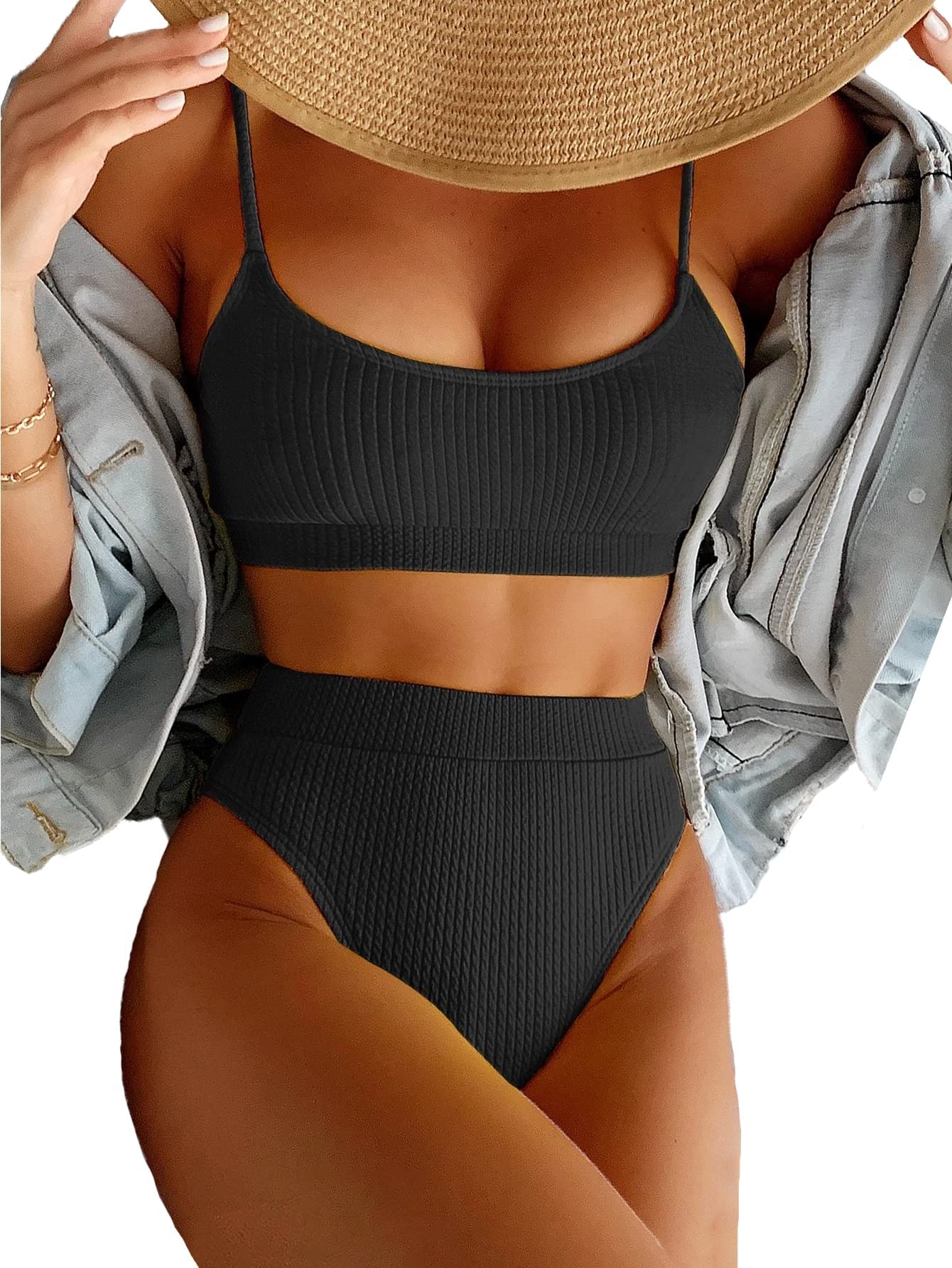 Lilosy High Waisted Tummy Control Bikini Ribbed Sporty Brazilian Swimsuit Set Women Highwaisted Cheeky Cut Leg Rise Bottom Crop Push Up Top 2 Piece Bathing Suit Black Medium