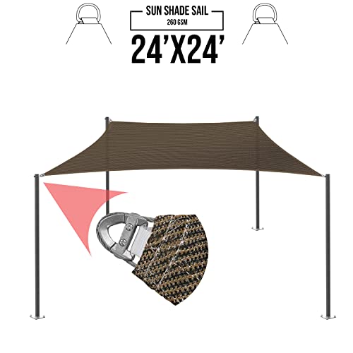 E&K Sunrise Reinforcement Large Sun Shade Sail 24' x 24' Rectangle Heavy Duty Strengthen Durable Outdoor Garden Canopy UV Block Fabric (260GSM)- - Brown