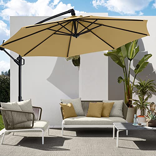 ABCCANOPY 10FT Cantilever Umbrella Offset Patio Umbrellas,Hanging Patio umbrella With Cross Base & Crank,Outdoor Umbrella for Garden,Deck,Pool,Yard (Khaki)