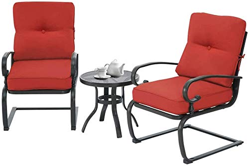 CrownLand 3 Piece Patio Furniture Outdoor Bistro Set Metal Action Lounge Cushioned Chairs and Bistro Round Table Set, Wrought Iron Cafe Furniture Set,Red