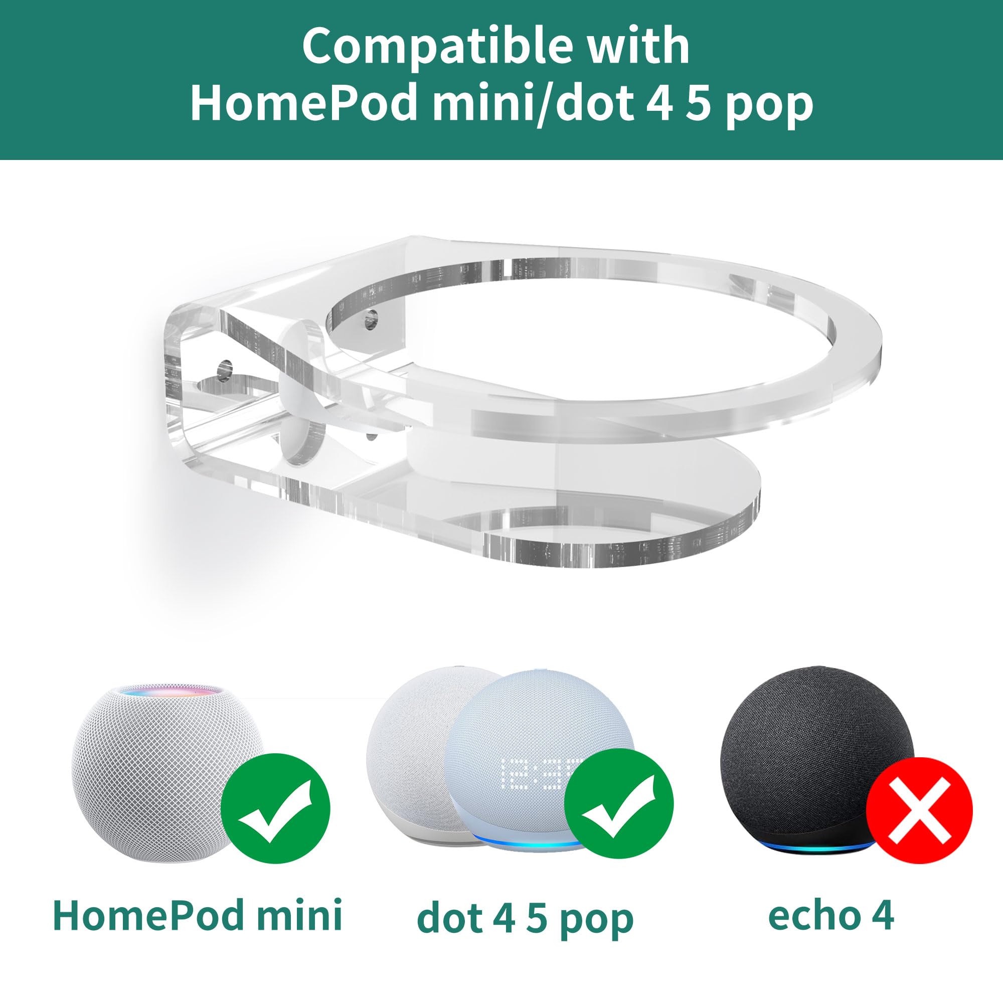 HomeMount Clear Screw Wall Mount - All New 4th Gen Acrylic Holder, Space Saving Solution Bracket Shelf Compatible with Homepod Mini Speaker & Cylindrical Portable Speakers (Clear 2Pack)