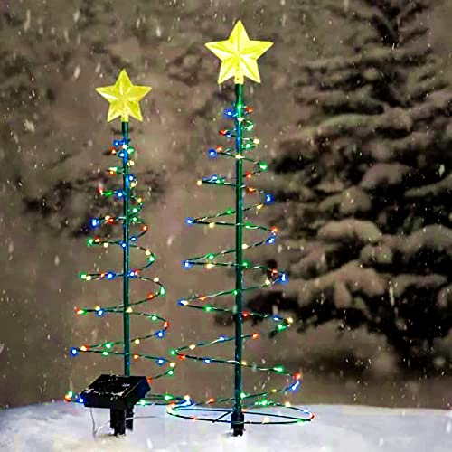 Solar Metal LED Christmas Tree Decoration - Spiral Christmas Tree Light Waterproof, Garden Luminous String Light for Patio Lawn Party Xmas Outside Decor (2Pcs Multicolored)