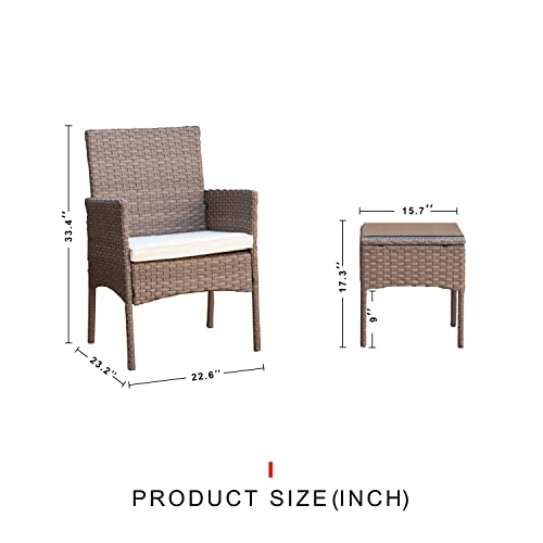 YIYAN 3 Pieces Outdoor Furniture Set Patio Rattan Wicker Chairs & teatable,Lawn Garden Balcony Backyard,with Washable Cushion (White)