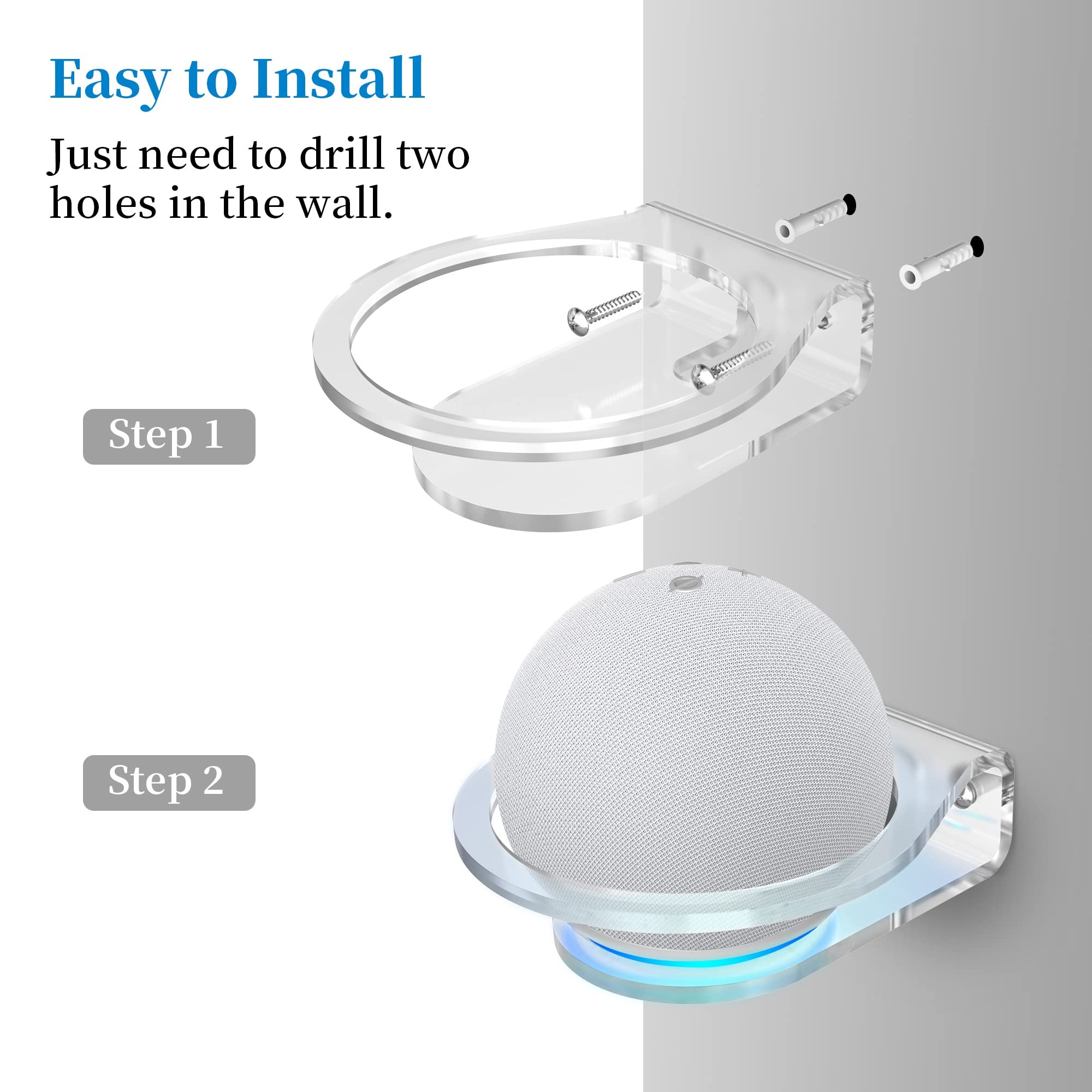 HomeMount Clear Screw Wall Mount - All New 4th Gen Acrylic Holder, Space Saving Solution Bracket Shelf Compatible with Homepod Mini Speaker & Cylindrical Portable Speakers (Clear 2Pack)