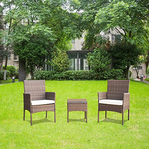 YIYAN 3 Pieces Outdoor Furniture Set Patio Rattan Wicker Chairs & teatable,Lawn Garden Balcony Backyard,with Washable Cushion (White)