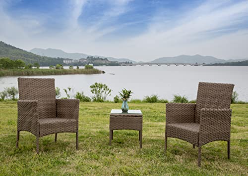 YIYAN 3 Pieces Outdoor Furniture Set Patio Rattan Wicker Chairs & teatable,Lawn Garden Balcony Backyard,with Washable Cushion (White)