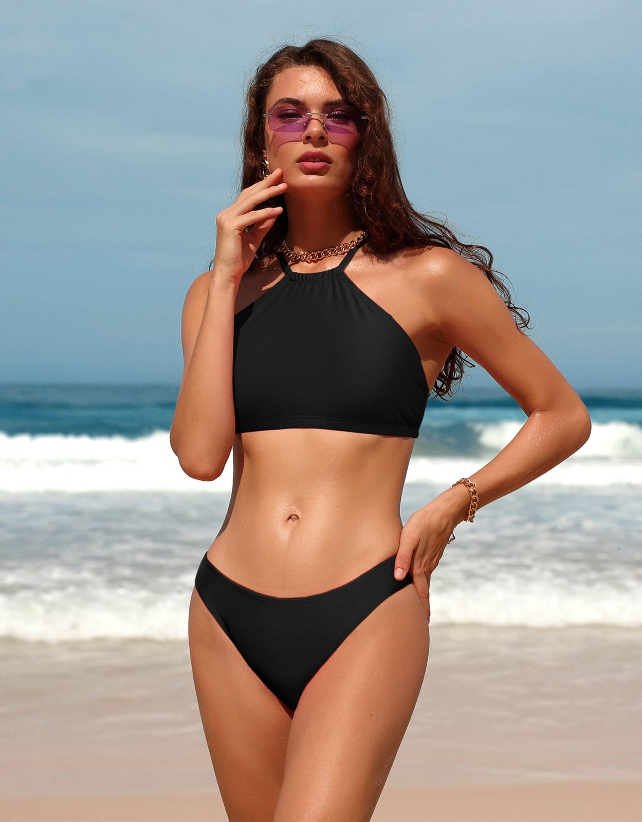 beautyin Womens High Neck Swimsuit Bikini Sets Halter Padded Bathing Suit Black
