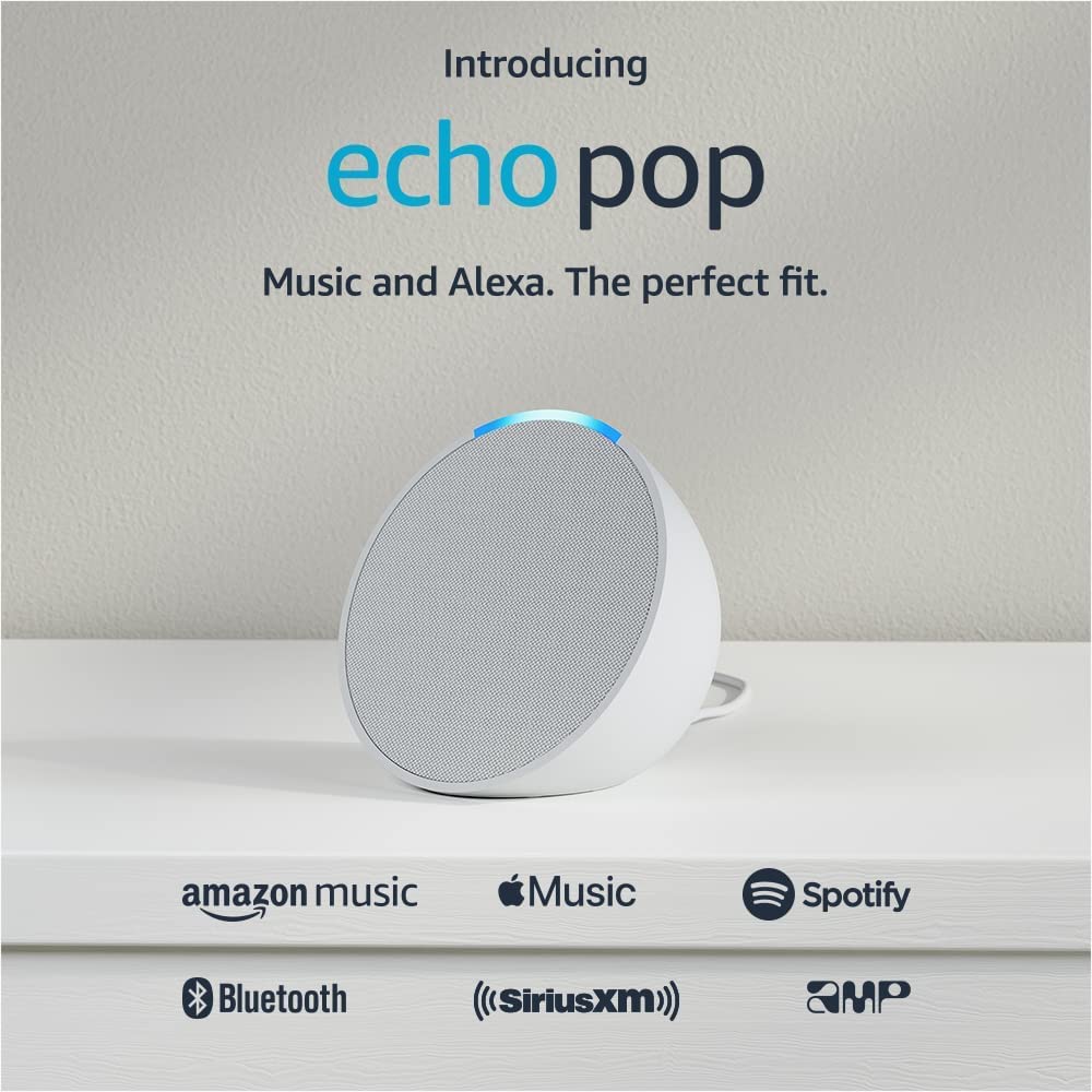 Echo Pop | Full sound compact smart speaker with Alexa - Glacier White + 4 months of Amazon Music Unlimited FREE