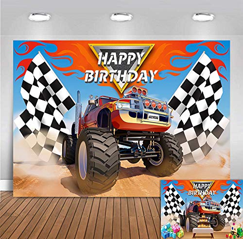 Monster Truck Backdrop Photography Photo Booth Props Children Happy Birthday Banner Supplies Grave Digger Speed Checkered Flag Photo Background Baby Shower Cars Party Decoration 5x3ft Vinyl