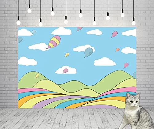 7x5ft Birthday Photography Backdrops Blue Sky Balloons White Clouds Background for 1st Adventure Baby Show Table Banner Decor
