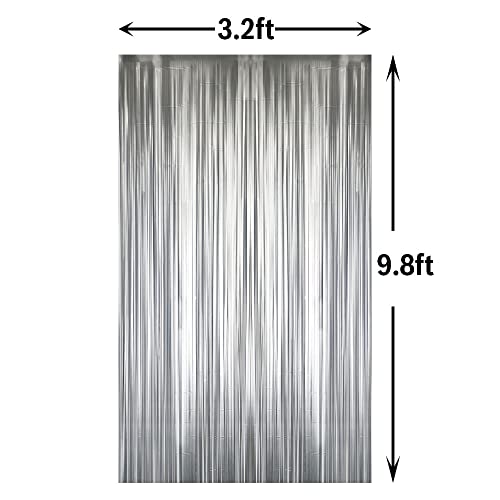 GOER 6.4 ft x 9.8 ft Metallic Tinsel Foil Fringe Curtains,Pack of 2 Party Streamer Backdrop for Birthday,Graduation Decorations and New Year Eve (Matte Silver)