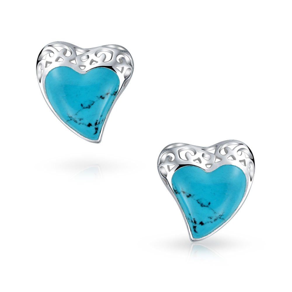 Bali Style Filigree Stabilized Turquoise Heart Shaped Stud Earrings For Women For Girlfriend .925 Sterling Silver