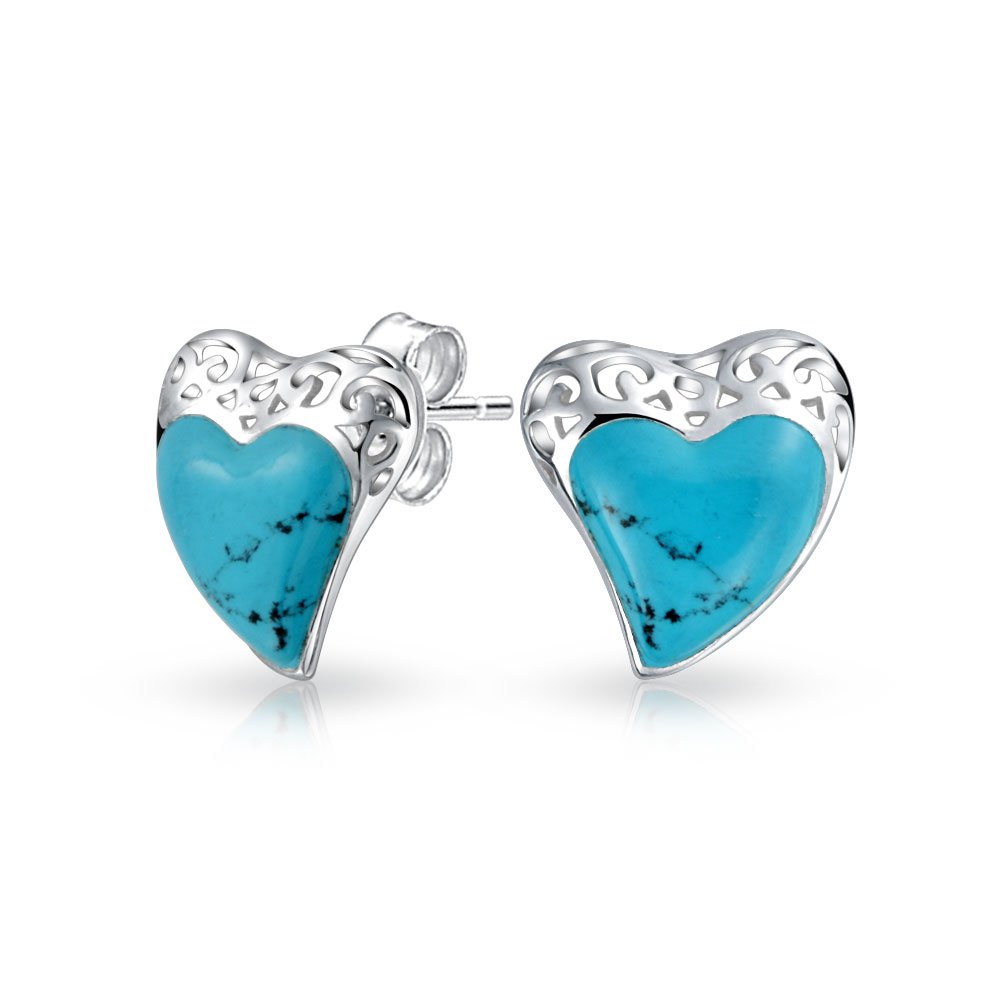 Bali Style Filigree Stabilized Turquoise Heart Shaped Stud Earrings For Women For Girlfriend .925 Sterling Silver
