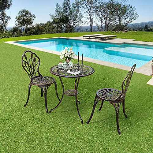 KINWELL Bronze 3-Piece Aluminum Round Outdoor Bistro Set with Umbrella Hole, Rust-Resistant Cast Aluminum Patio Set with Garden Table and Chairs