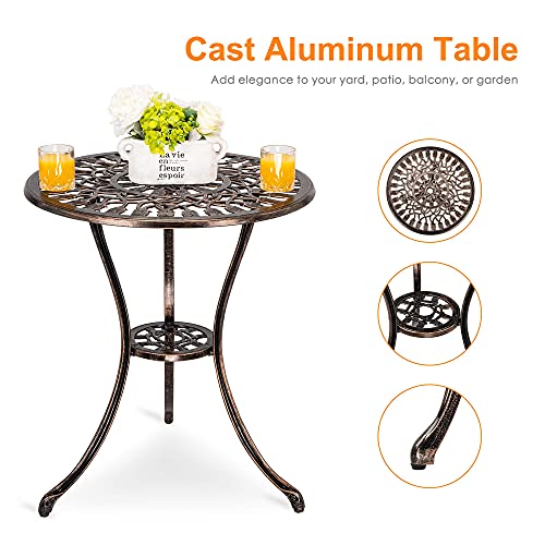 KINWELL Bronze 3-Piece Aluminum Round Outdoor Bistro Set with Umbrella Hole, Rust-Resistant Cast Aluminum Patio Set with Garden Table and Chairs