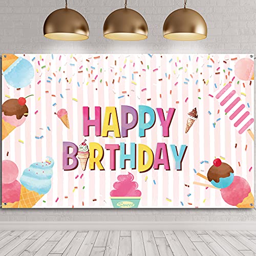 Ice Cream Birthday Party Backdrop Decorations Sweet Summer Ice Cream Party Favors for Kids Girls Boys Themed Happy Birthday Banner Baby Photography Background Photo Booth 70.8 x 43.3 inch