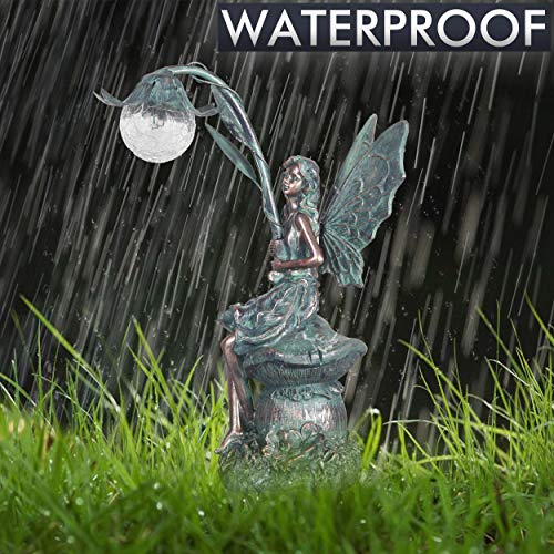TERESA'S COLLECTIONS Garden Statues Fairy Sculptures & Statues, Solar Garden Figurines Outdoors Decor, Patina Bronze Garden Art for Yard Decor 13.8 Inch