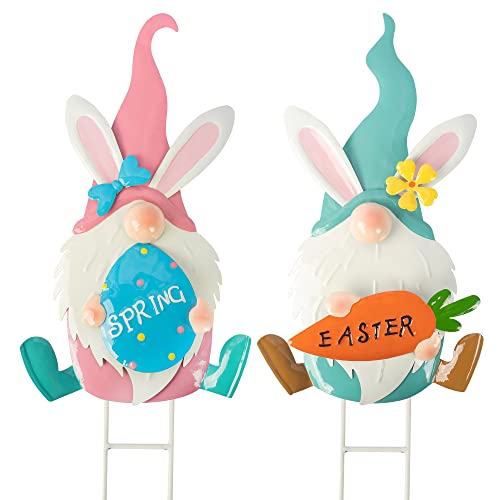 FUNPENY Set of 2 Metal Easter Gnomes Yard Signs Outdoor, 24.6 Inch Bunny Rabbits Stakes Easter Decorations for Garden, Lawn, Party, Easter Props Decor
