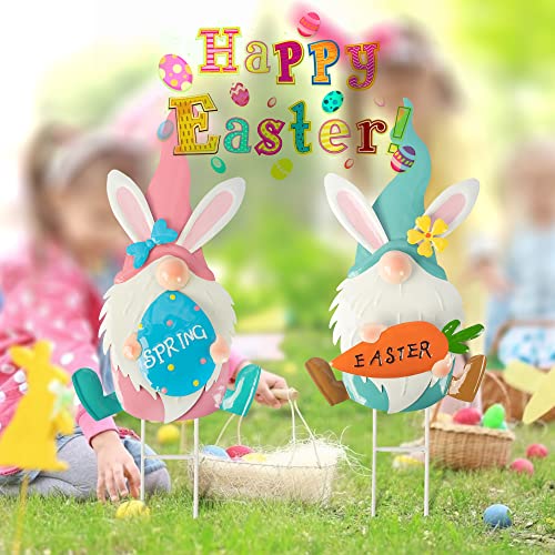 FUNPENY Set of 2 Metal Easter Gnomes Yard Signs Outdoor, 24.6 Inch Bunny Rabbits Stakes Easter Decorations for Garden, Lawn, Party, Easter Props Decor