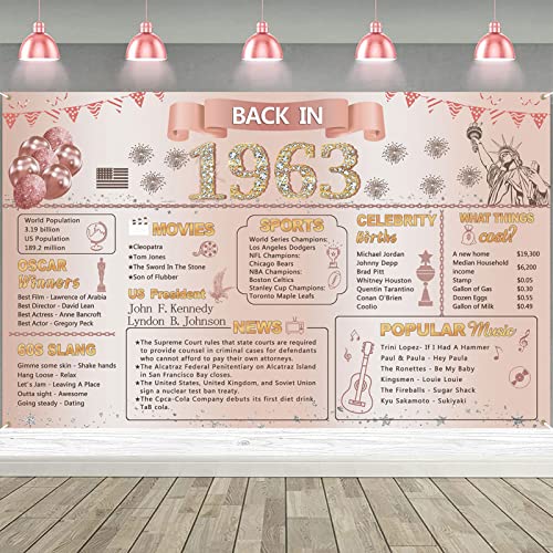DARUNAXY Rose Gold Back in 1963 Banner, Happy 60th Birthday Party Decorations 60 Year Old Backdrop Party Supplies Pink and Gold Vintage 1963 Birthday Poster for Girls Photography Background for Women