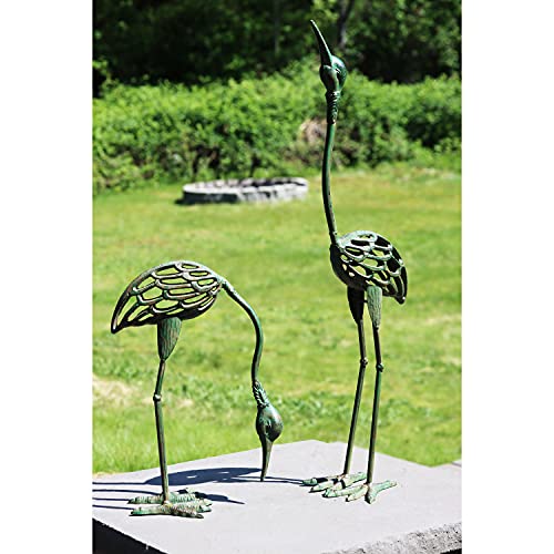 Seraphic Cast Iron Garden Decor Crane Bird Statues, Antique Green, Set of 2