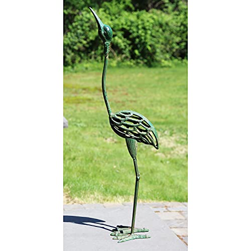 Seraphic Cast Iron Garden Decor Crane Bird Statues, Antique Green, Set of 2