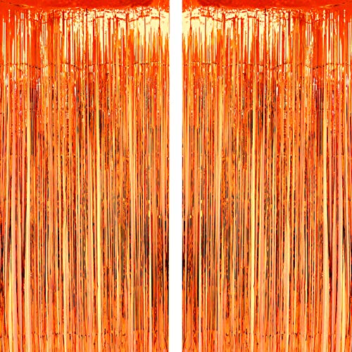 Orange Party Tinsel Foil Fringe Curtains - Fall Thanksgiving Carnival Halloween Construction 1st Birthday Graduation Wedding Party Photo Booth Props Backdrops Decorations