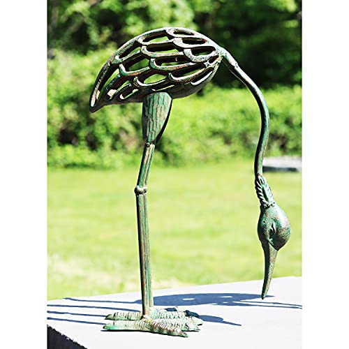 Seraphic Cast Iron Garden Decor Crane Bird Statues, Antique Green, Set of 2