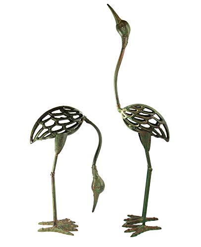 Seraphic Cast Iron Garden Decor Crane Bird Statues, Antique Green, Set of 2