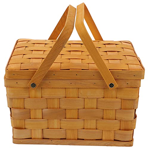 Wicker Picnic Basket Vintage Woven Straw Storage Basket Wedding Flower Girl Basket Toy Hamper with Lid and Handle for Camping Outdoor Garden Khaki
