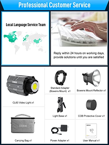 Video Light, COLBOR CL60 65W COB LED Continuous Output Lighting 2700k-6500K CRI97+ Monolight with Bowens Mount APP Control for Outdoor Shooting Filming Conference, LED-Video-Light-Photography-Studio