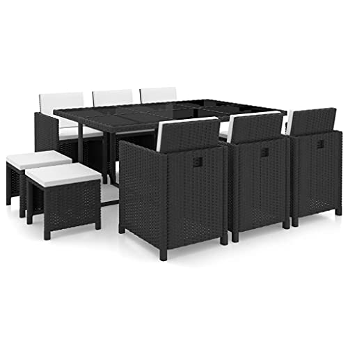 QZZCED 11 Piece Patio Dining Set with Cushions,Outdoor Bar Table,Patio Bar Set,Modern Outdoor Furniture,Dining Bench with Back,Bistro Set,for Patio Deck Garden,Backyard & Lawn, Poly Rattan Black