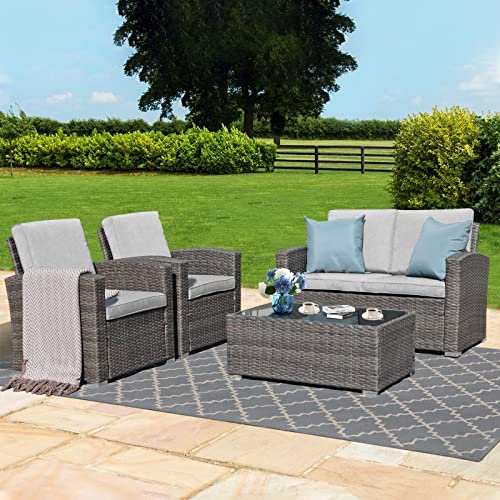 Verano Garden 4 Piece Patio Conversation Set,All Weather Rattan Wicker Patio Furniture Set with Thick Cushions and Tempered Glass Coffee Table for Porch, Backyard, Patio, Dark Gray (Light Gray)