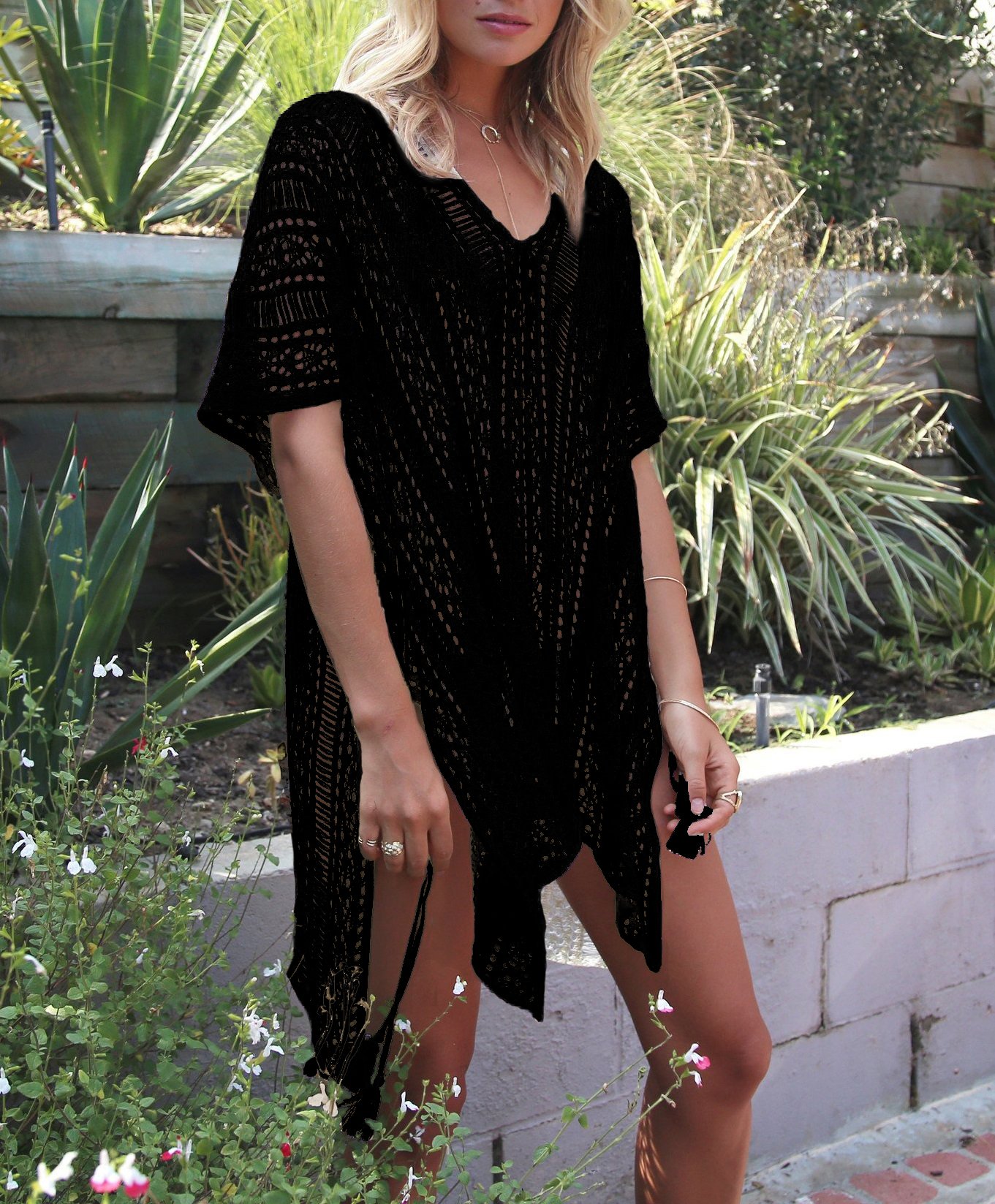 Jeasona Women’s Bathing Suit Cover Up Beach Bikini Swimsuit Swimwear Crochet Dress (Black, XL)
