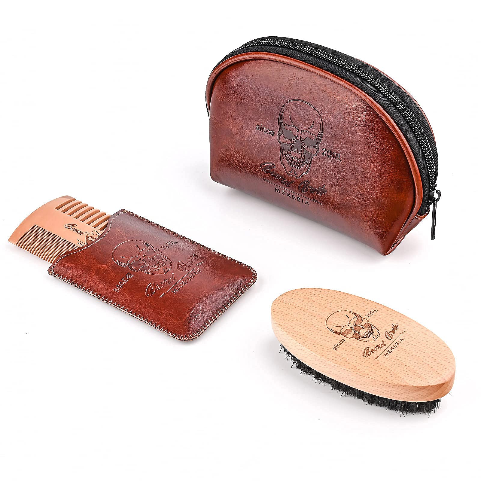 Menesia Beard Brush and Comb set, Boar Bristle Hair Beard Brush Kit with Small Leather Travel Toiletry Bag Case for Men, include Men's Wooden Mustache Comb & Nose Hair Scissors