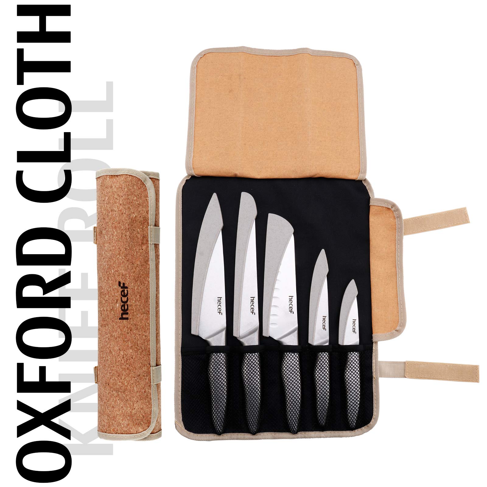 hecef Vintage Style Kitchen Knife Sets,Scratch Resistant Camping Matte Knives with 5 Slots Recycled Oxford Cloth Knife Roll Bag & Covers,Stonewashed High Carbon Stainless Steel Blades & Hollow Handle